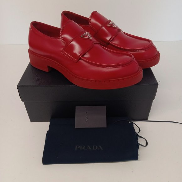 Prada | Shoes | Prada Mens Logo Triangle Plaque Red Leather Loafers W ...